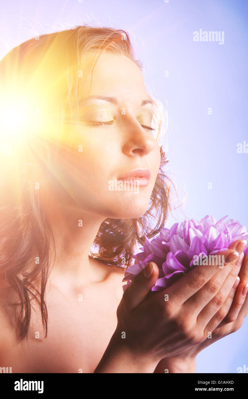 woman with big flower Stock Photo - Alamy