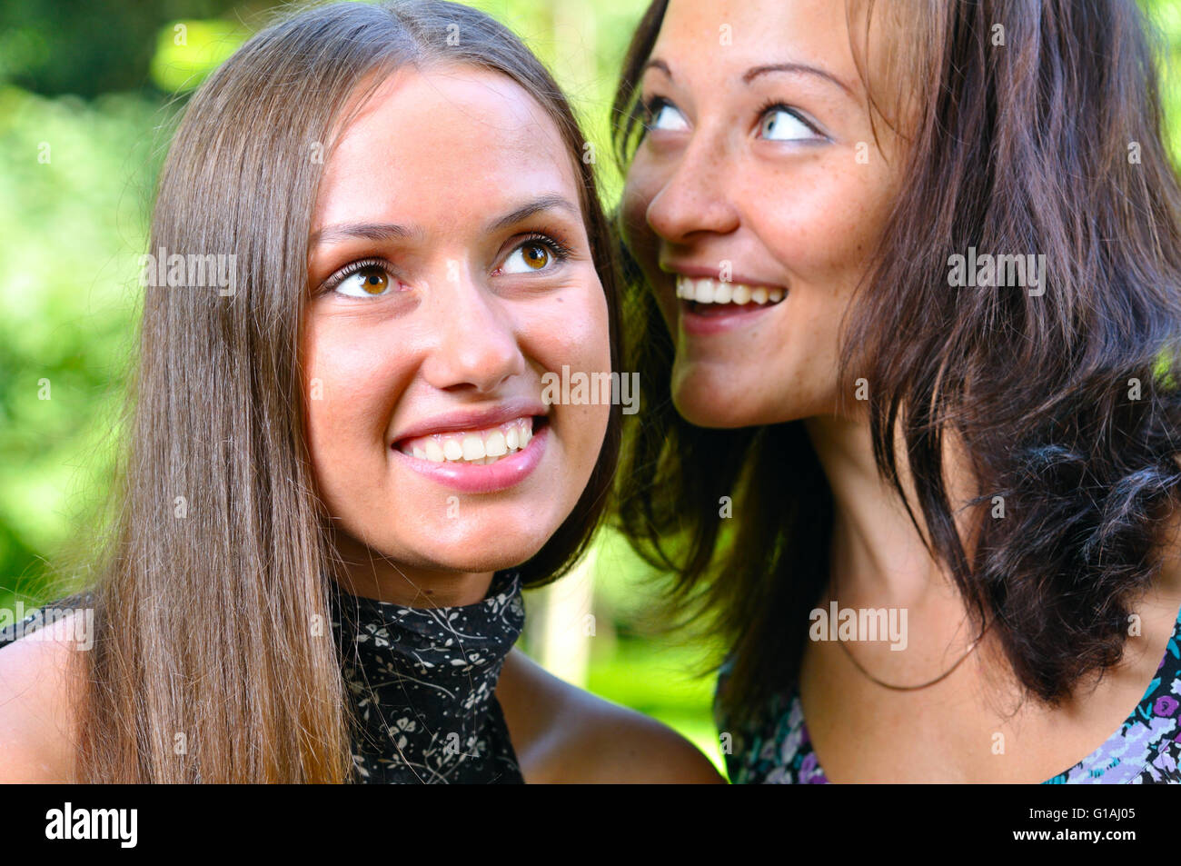 two female friends are sharing secrets in summer park Stock Photo - Alamy