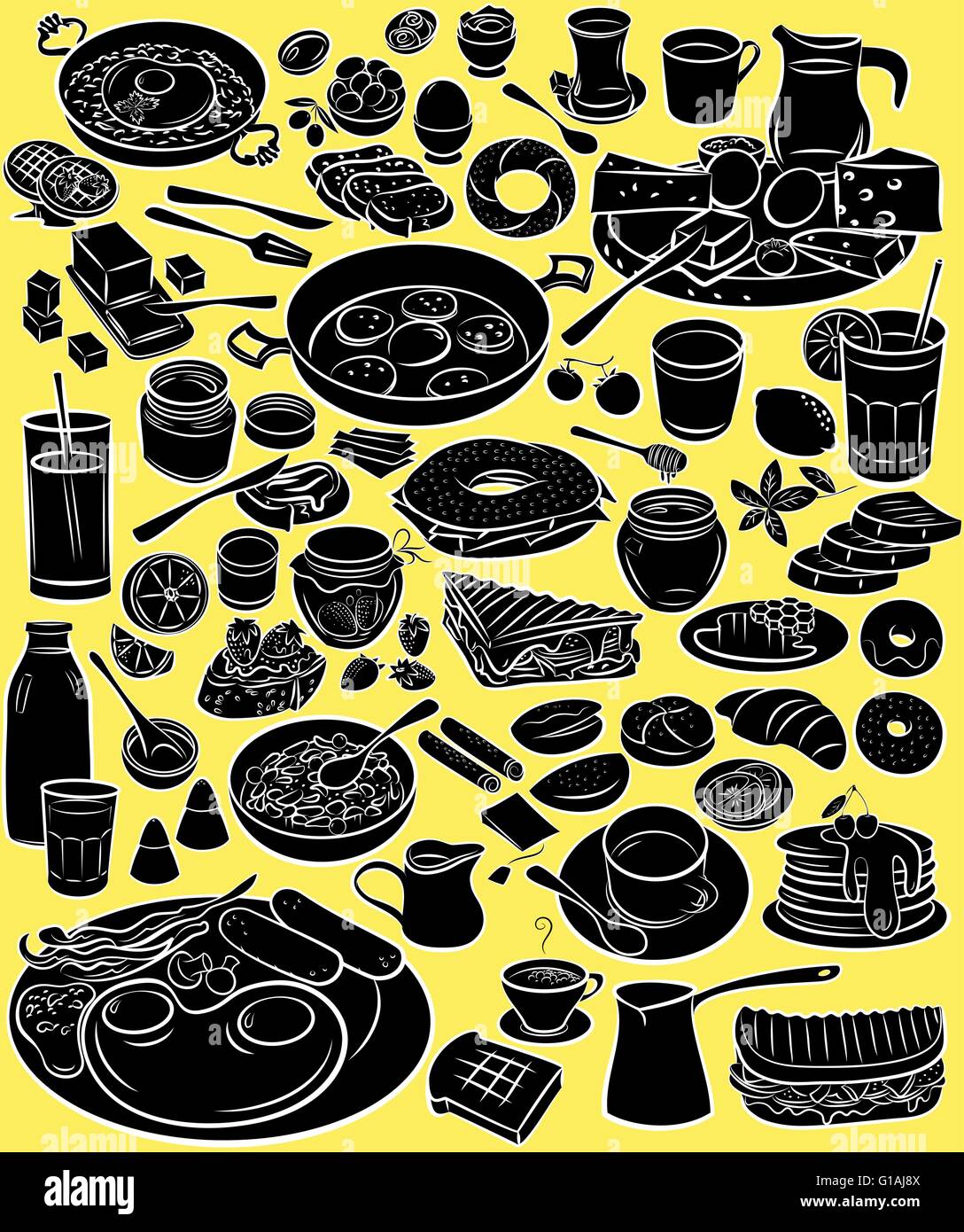Vector illustration of breakfast collection in silhouette mode on ...