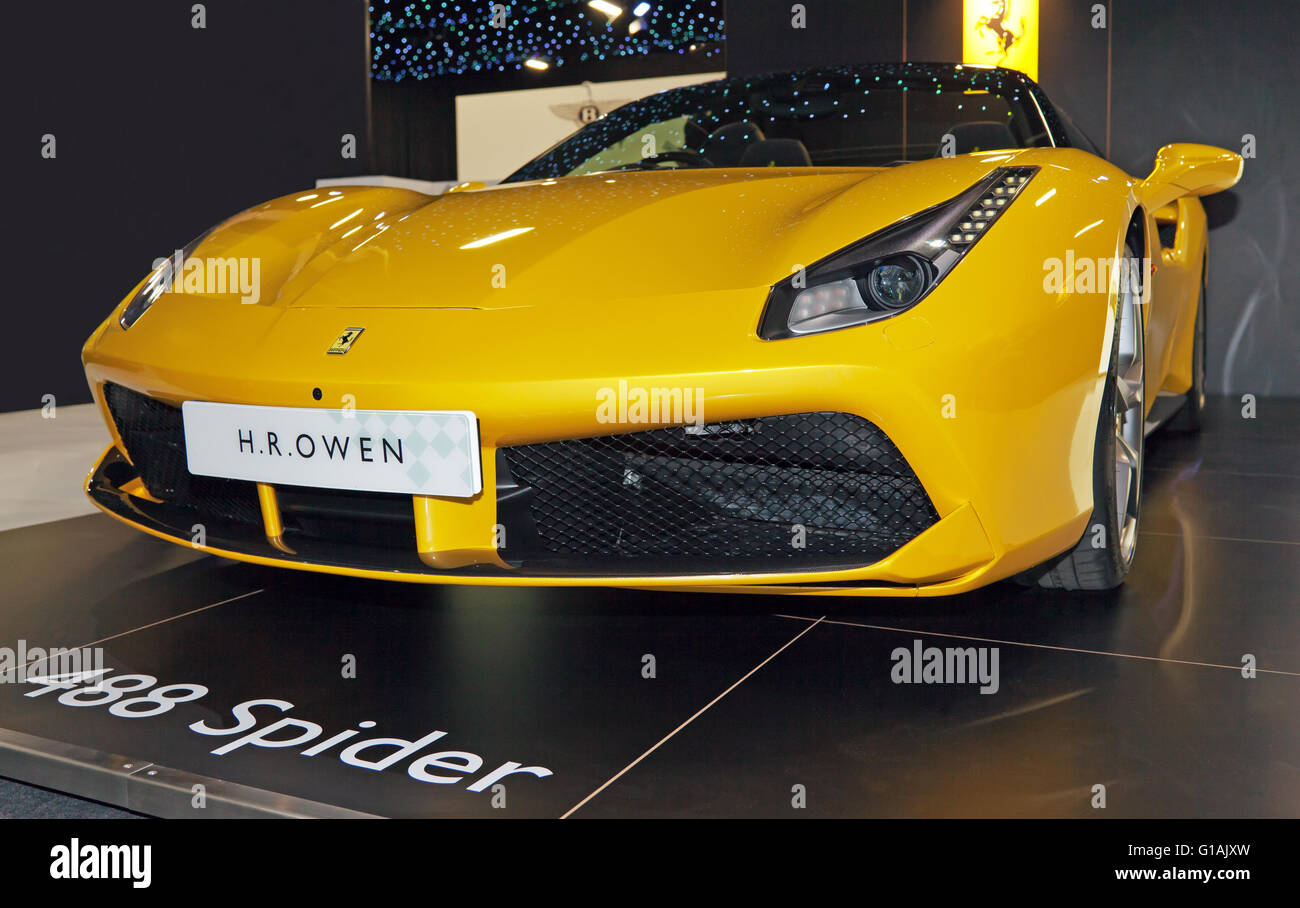 Front view of a yellow Ferrari 488 Spider, on static display at the ...