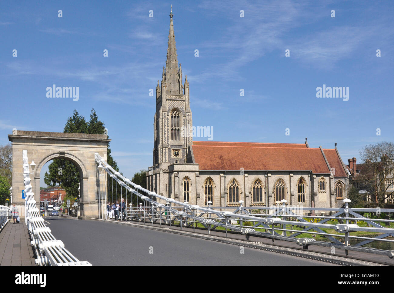 Bucks Marlow - on Marlow suspension bridge over river Thames - view of ...