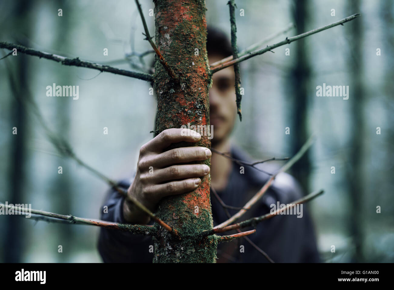 Young man hiding in the woods and holding a trunk, hand on foreground ...