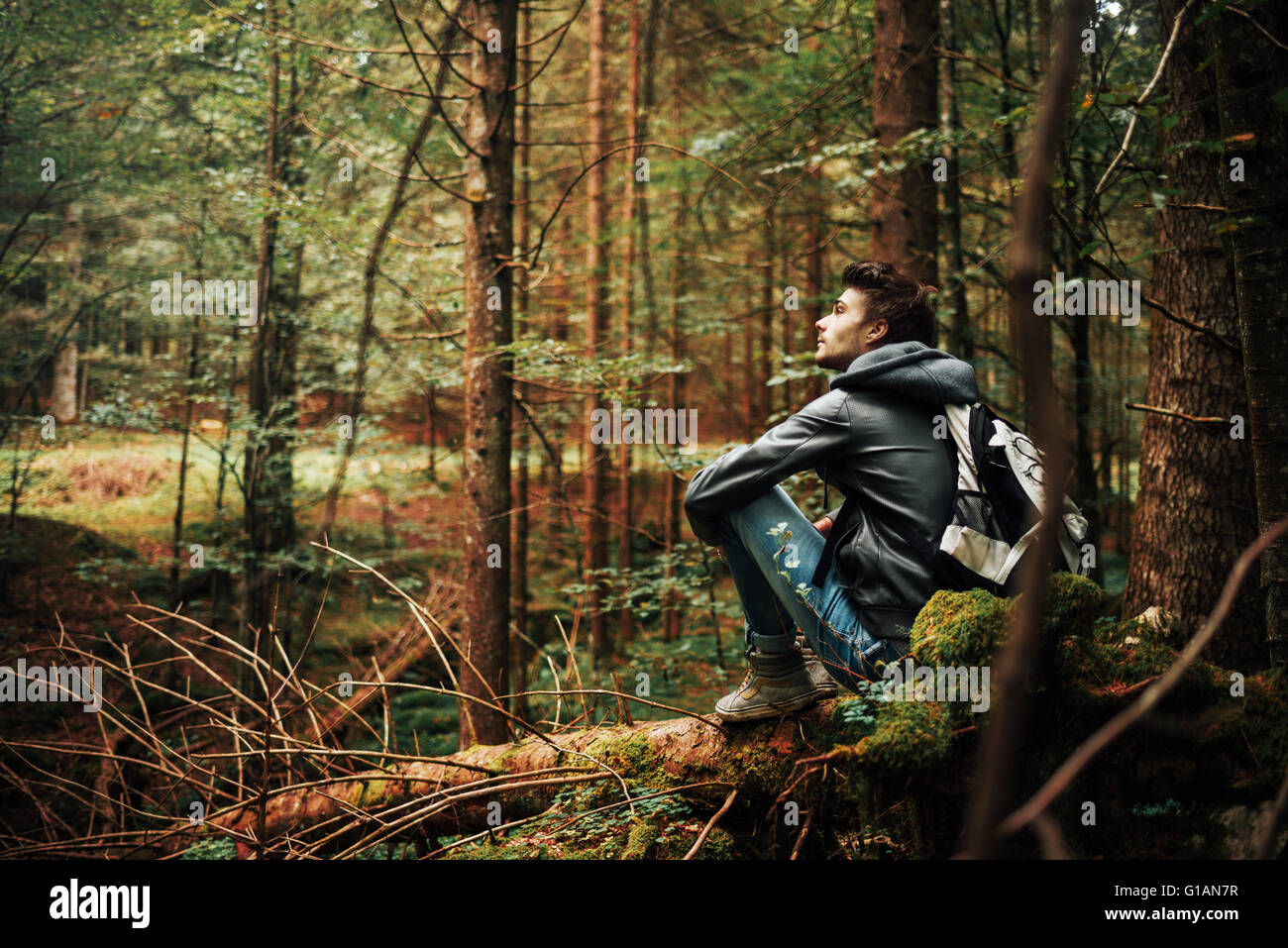 Young man sitting on a trunk in the forest and relaxing, freedom and ...