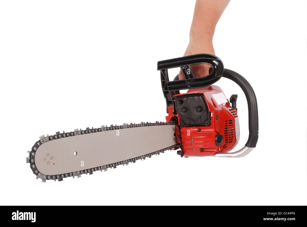 By one hand holding a chainsaw isolated on white Stock Photo - Alamy