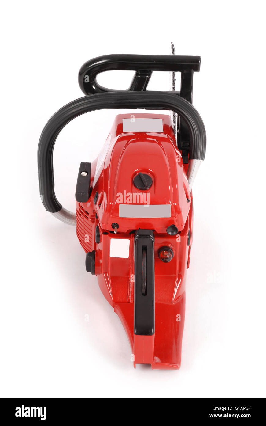 Red professional chainsaw isolated on white background Stock Photo - Alamy