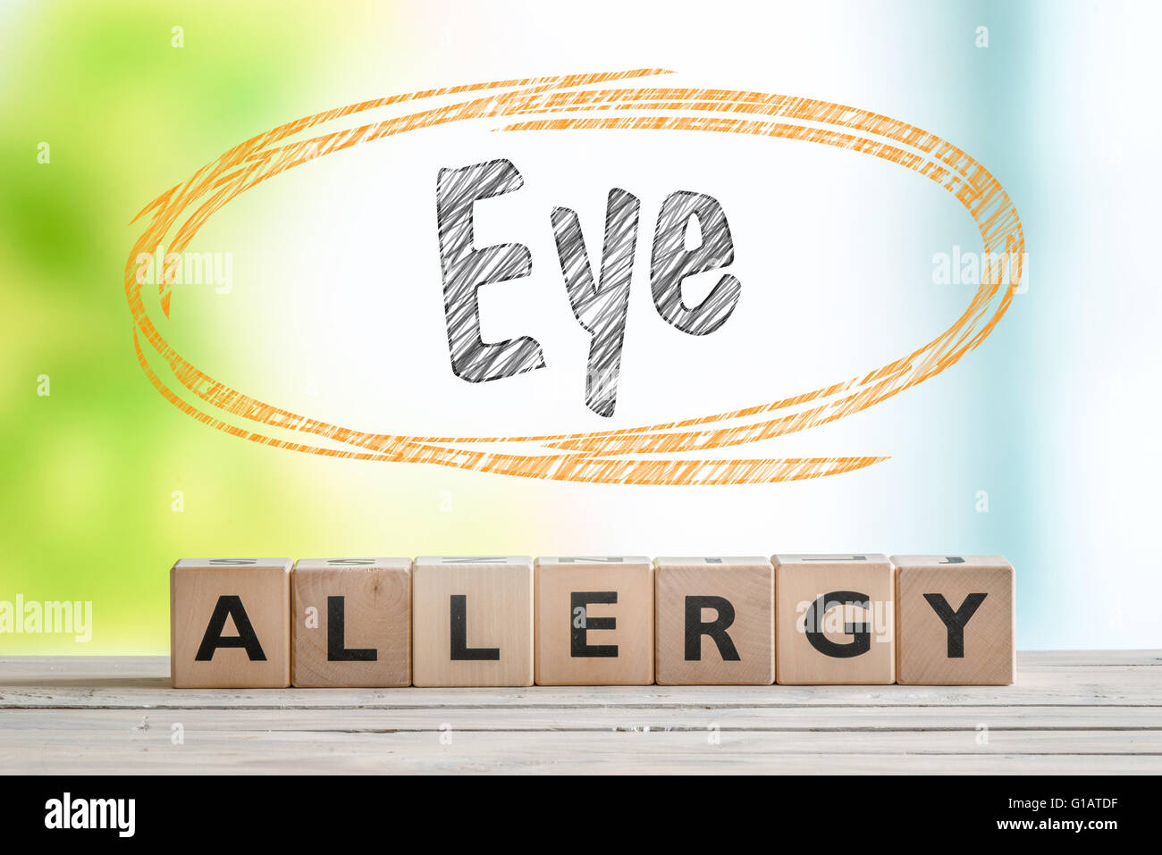Eye allergy headline in an indoor environment with a green background ...