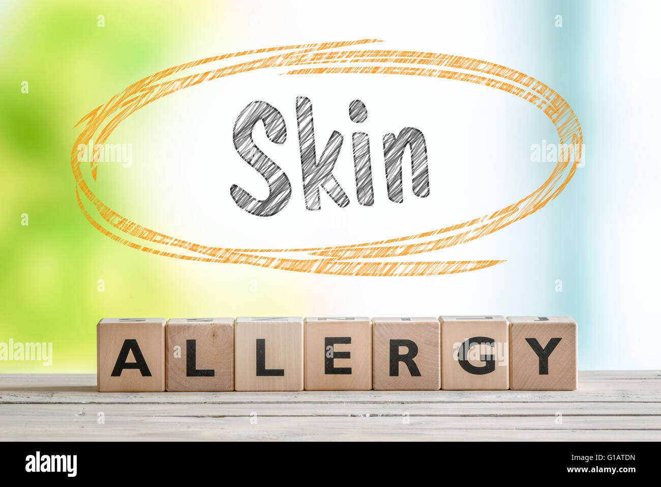 Skin allergy sign on a wooden table with a nature background Stock ...