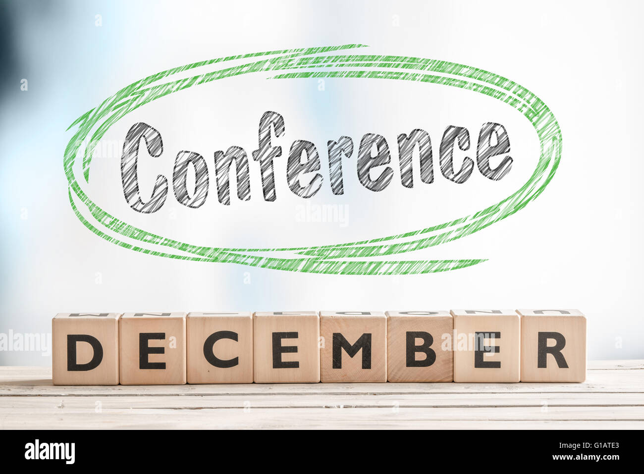 December conference sign on a stage made of wood Stock Photo - Alamy