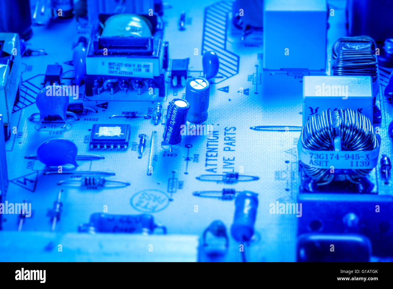 Microcircuit board with chips and capacitors in blue color Stock Photo ...