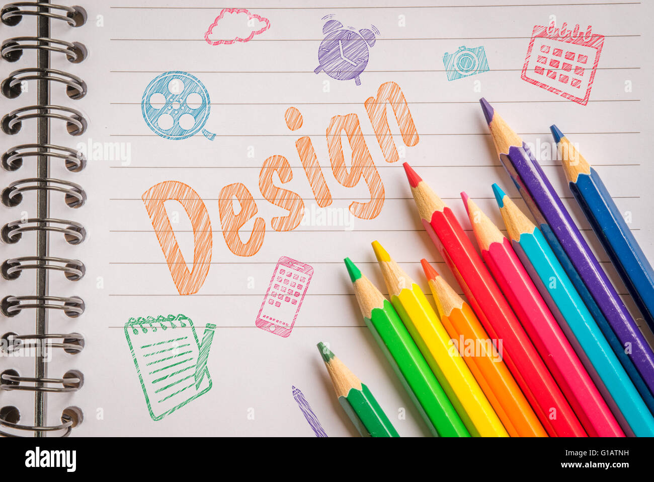 Design sketches with colorful pencils on linear paper Stock Photo - Alamy