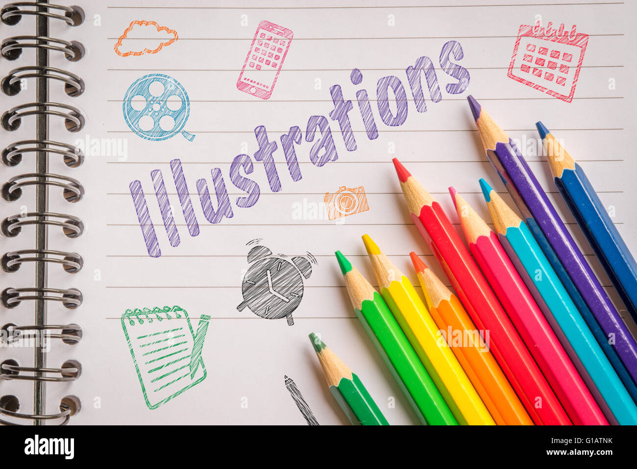 Illustrations in colors on linear paper with pencils Stock Photo - Alamy