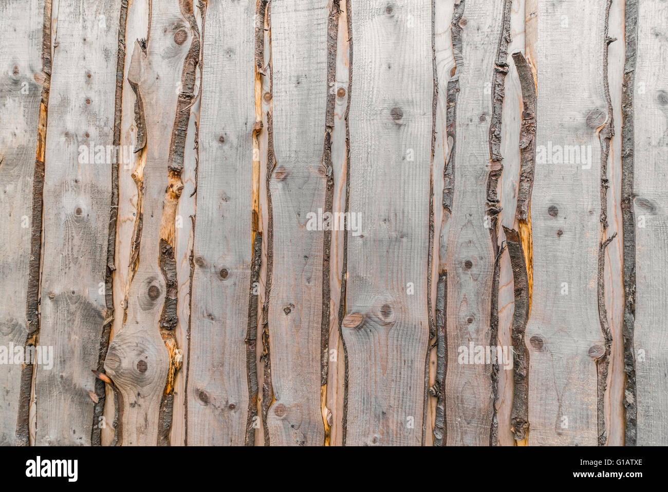 Raw wood background with grey planks with bark Stock Photo - Alamy