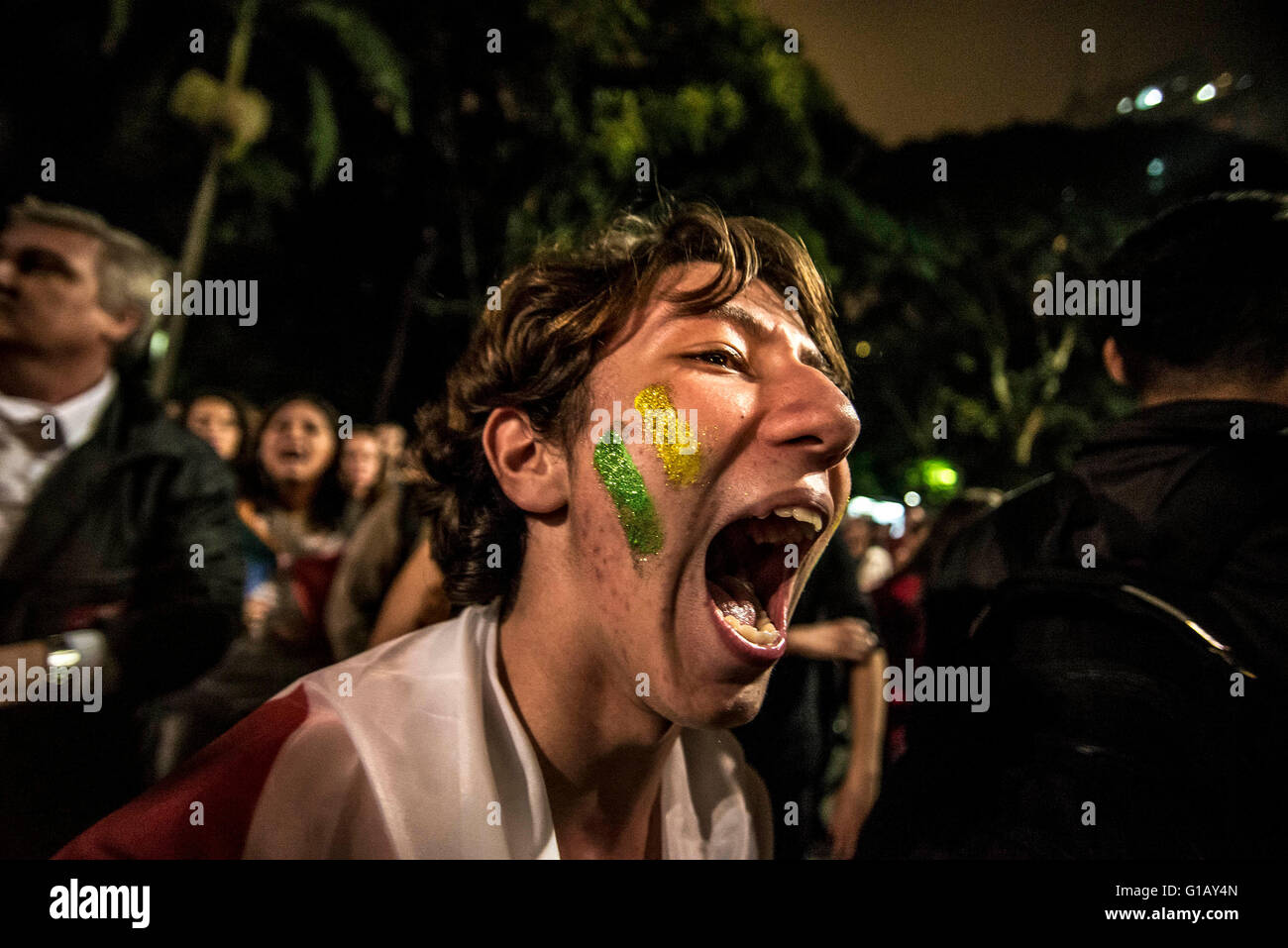 Sao Paulo, Brazil. 11th May, 2016. Demonstrators take part in a protest ...