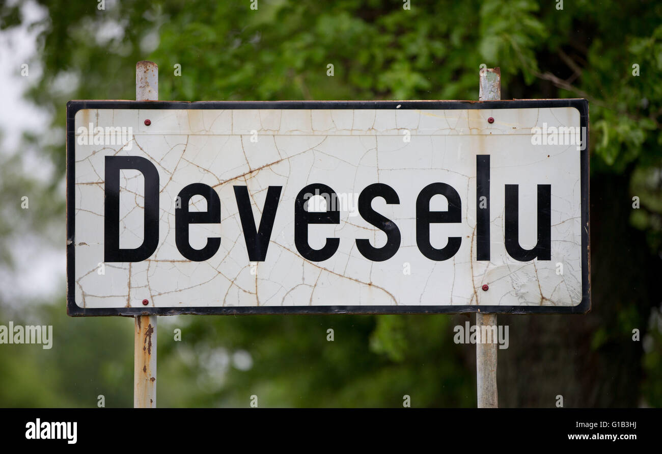 Deveselu, Romania. 12th May, 2016. The town sign near the radar unit of ...
