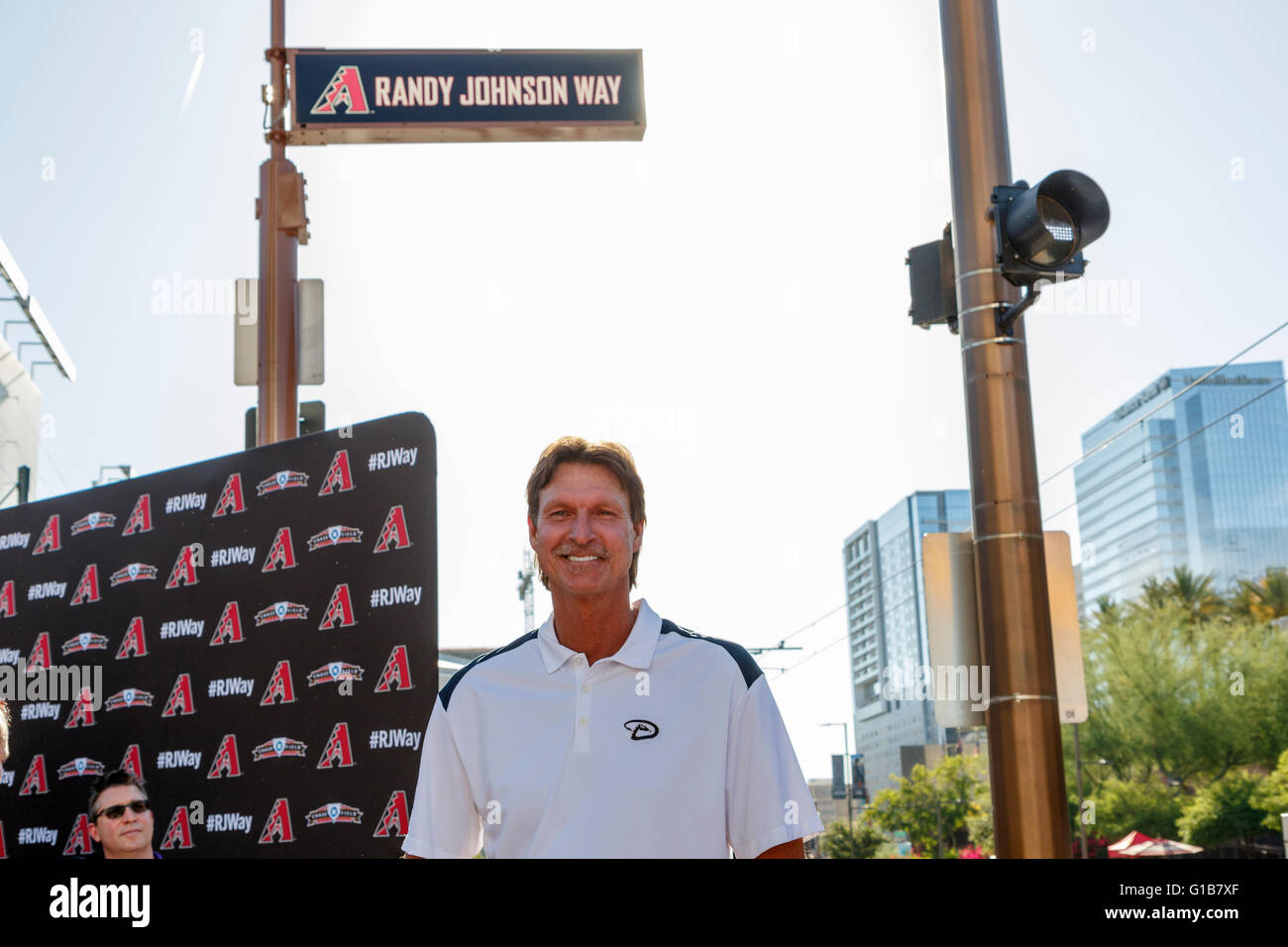 Phoenix, Arizona, USA. 12th May, 2016. Randy Johnson stand beneath the ...