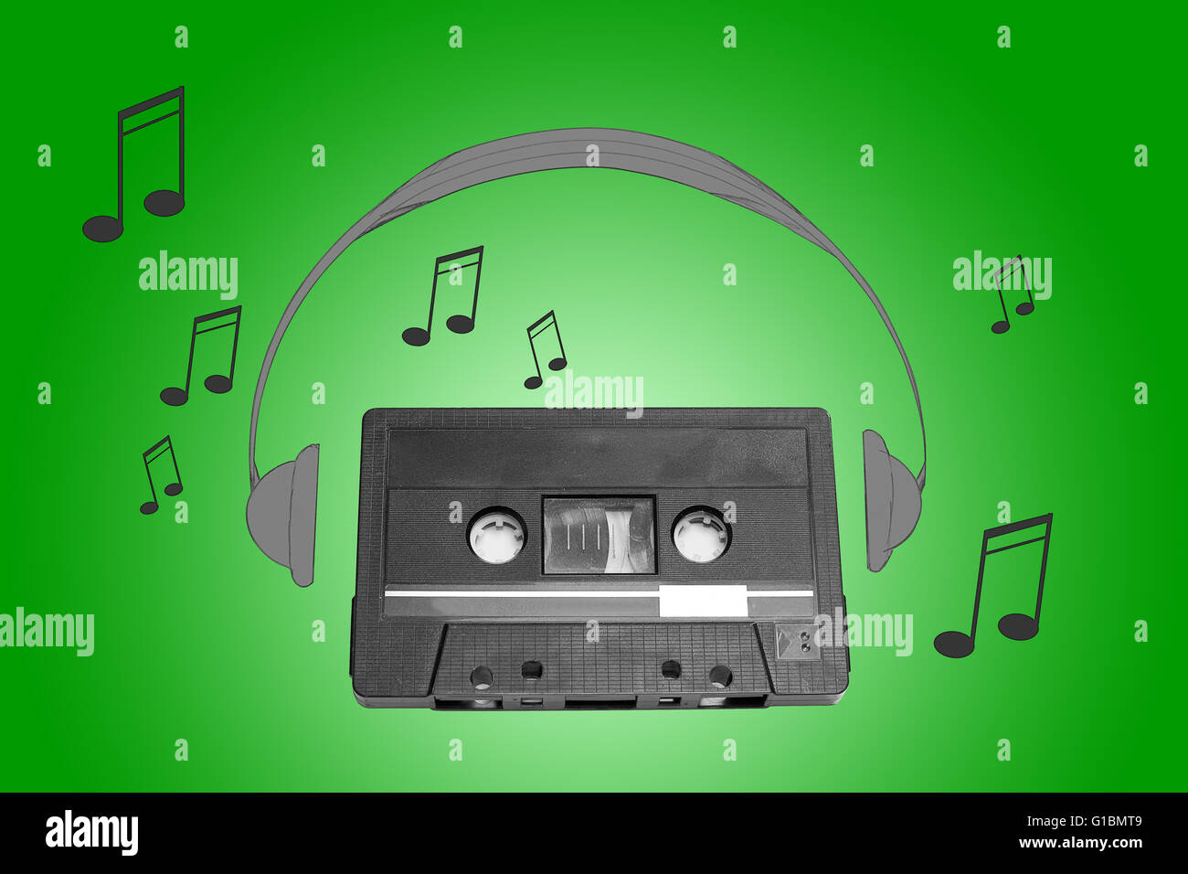 Audiotape and headphone draw on green background Stock Photo - Alamy