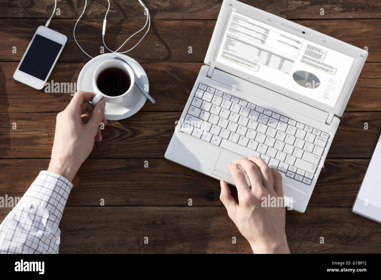 Man working on Computer at wooden Desk overhead View Stock Photo - Alamy