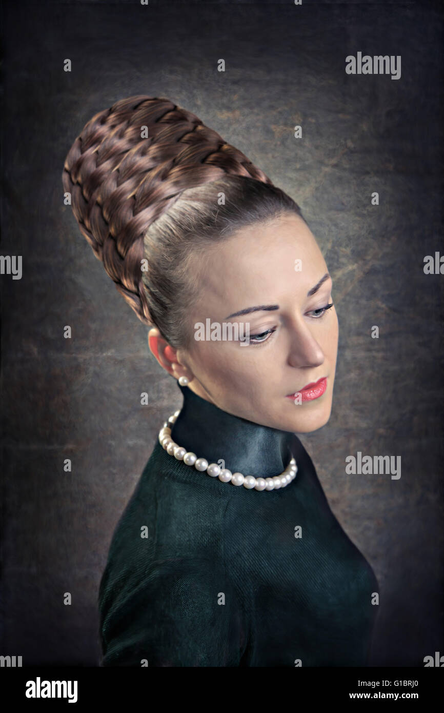 studio portrait of the young woman stylized as a dark age painting ...