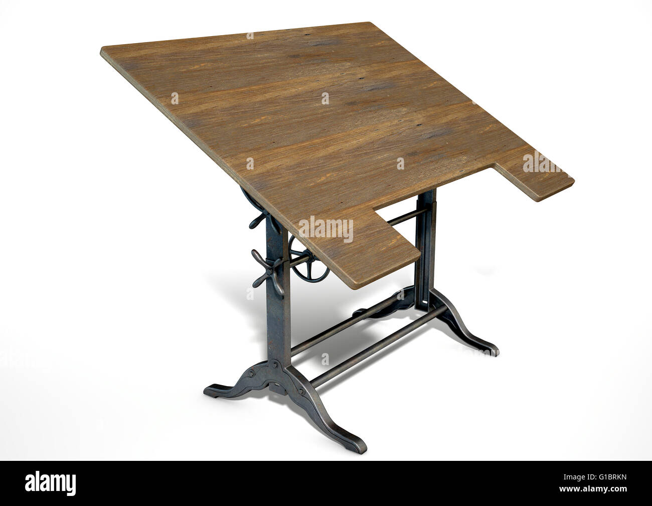 A 3D rendering of an ornate vintage metal and wood drafting table on an ...
