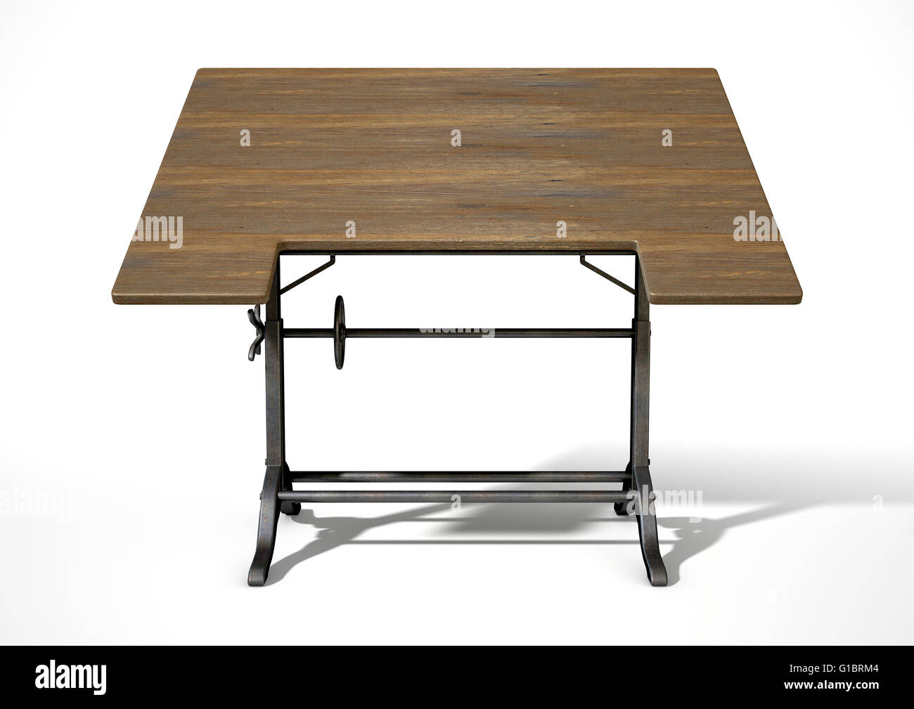 A 3D rendering of an ornate vintage metal and wood drafting table on an ...