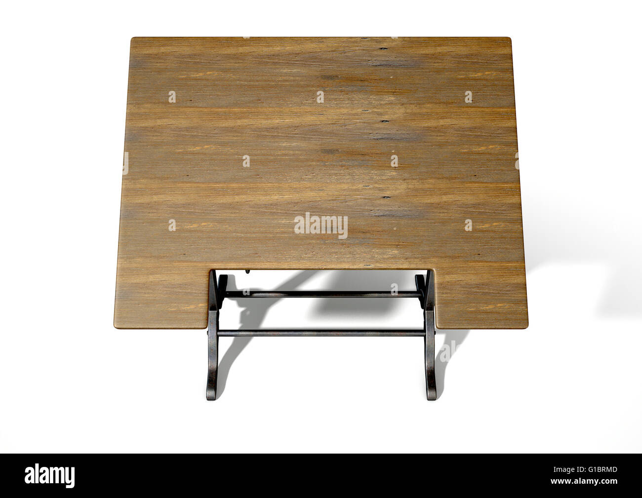 A 3D rendering of an ornate vintage metal and wood drafting table on an ...