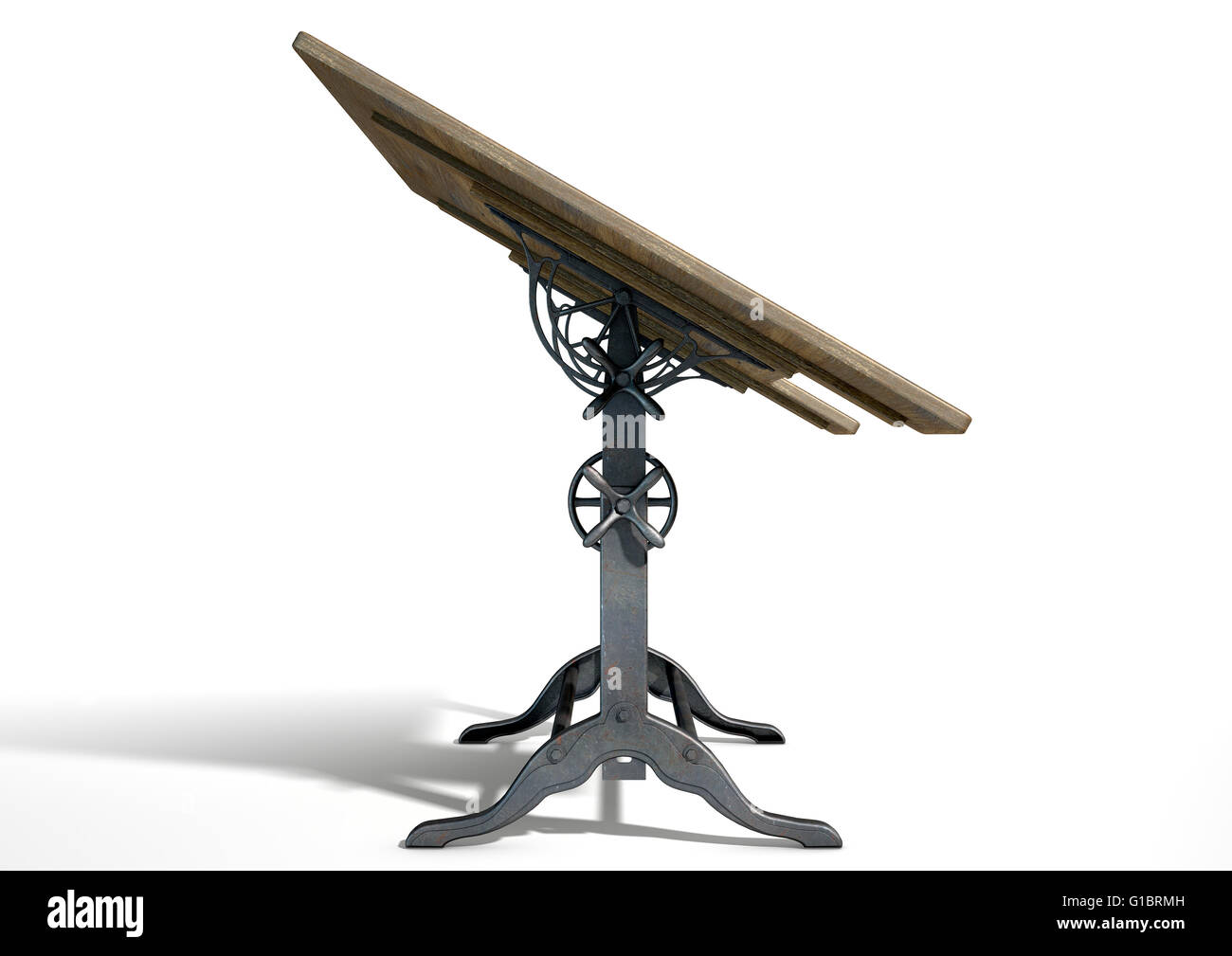 A 3D rendering of an ornate vintage metal and wood drafting table on an ...