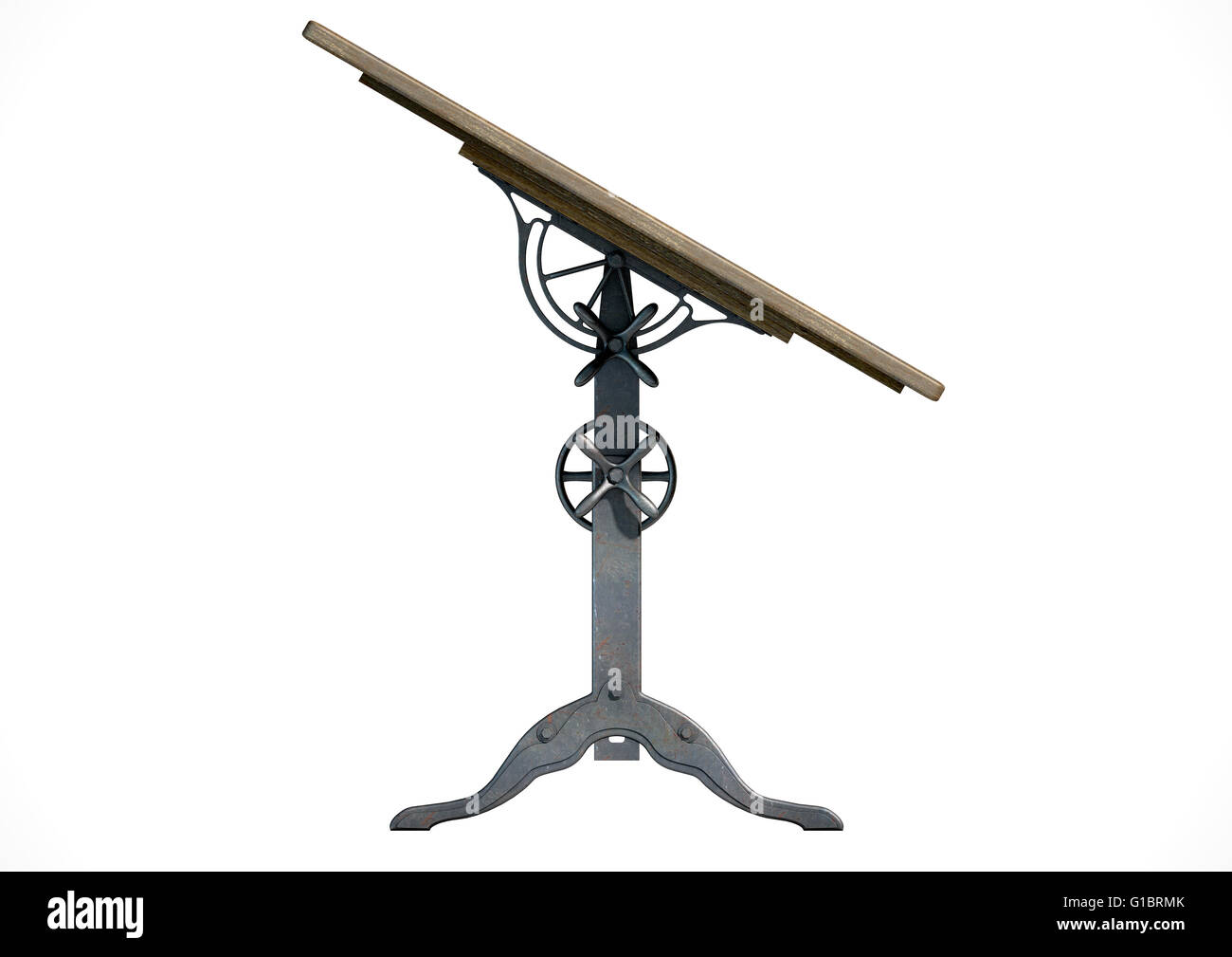 A 3D rendering of an ornate vintage metal and wood drafting table on an ...