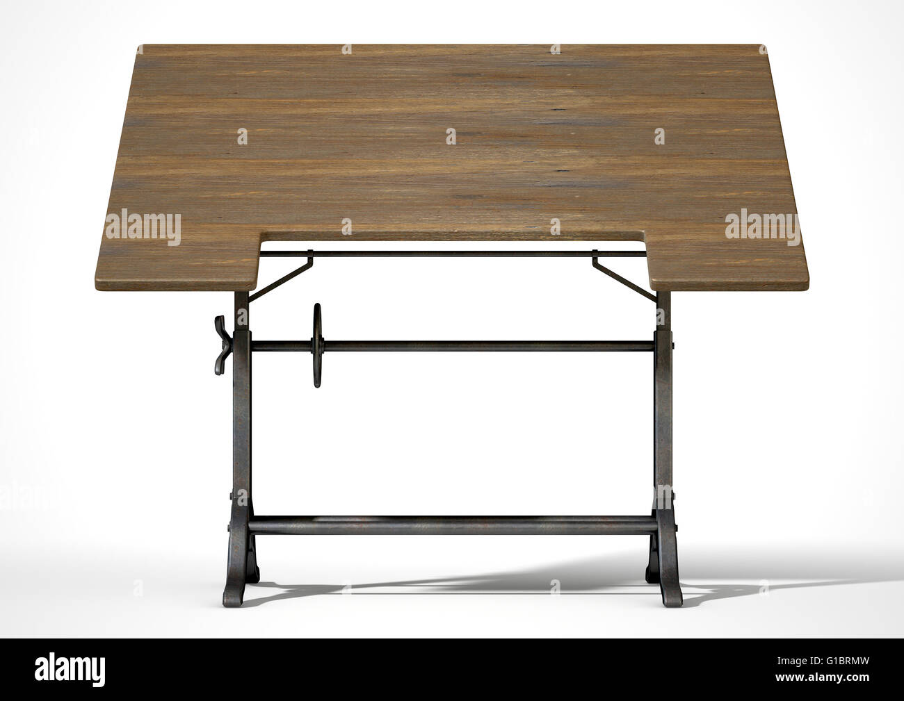A 3D rendering of an ornate vintage metal and wood drafting table on an ...