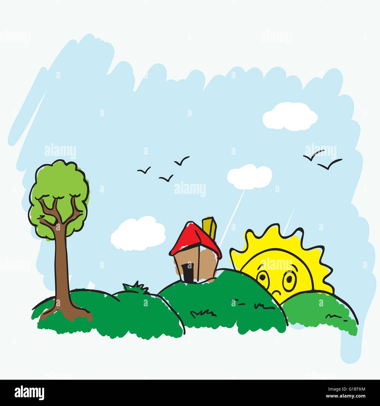 Landscape doodle house tree sun hi-res stock photography and images - Alamy