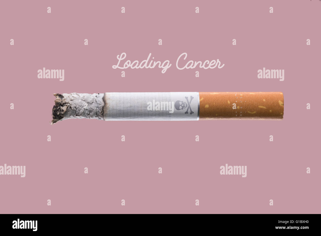 Stop smoking concept advertisement, cigarette burning as cancer loading ...