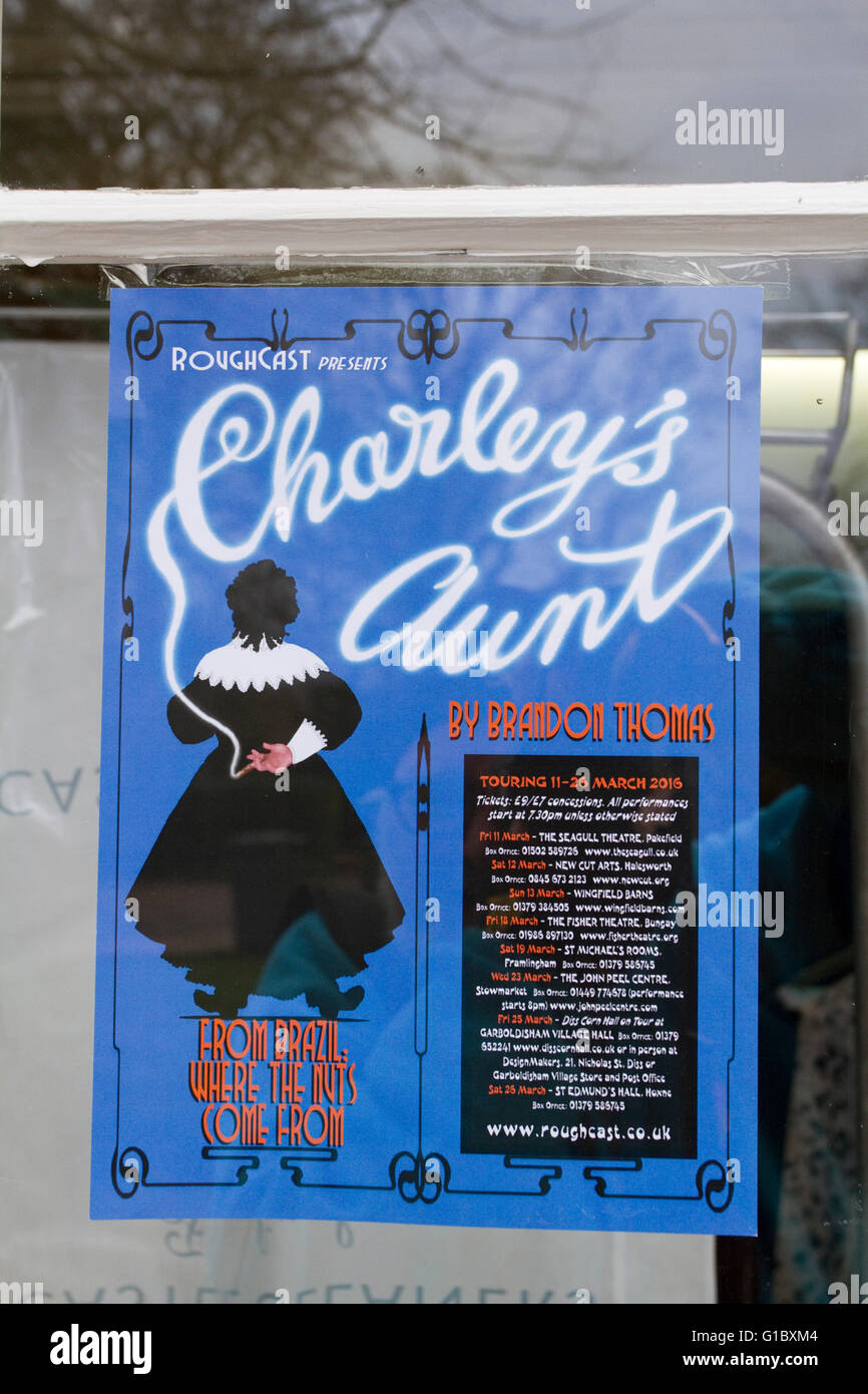 Poster in a window for a production of the comedy Charley's Aunt by ...