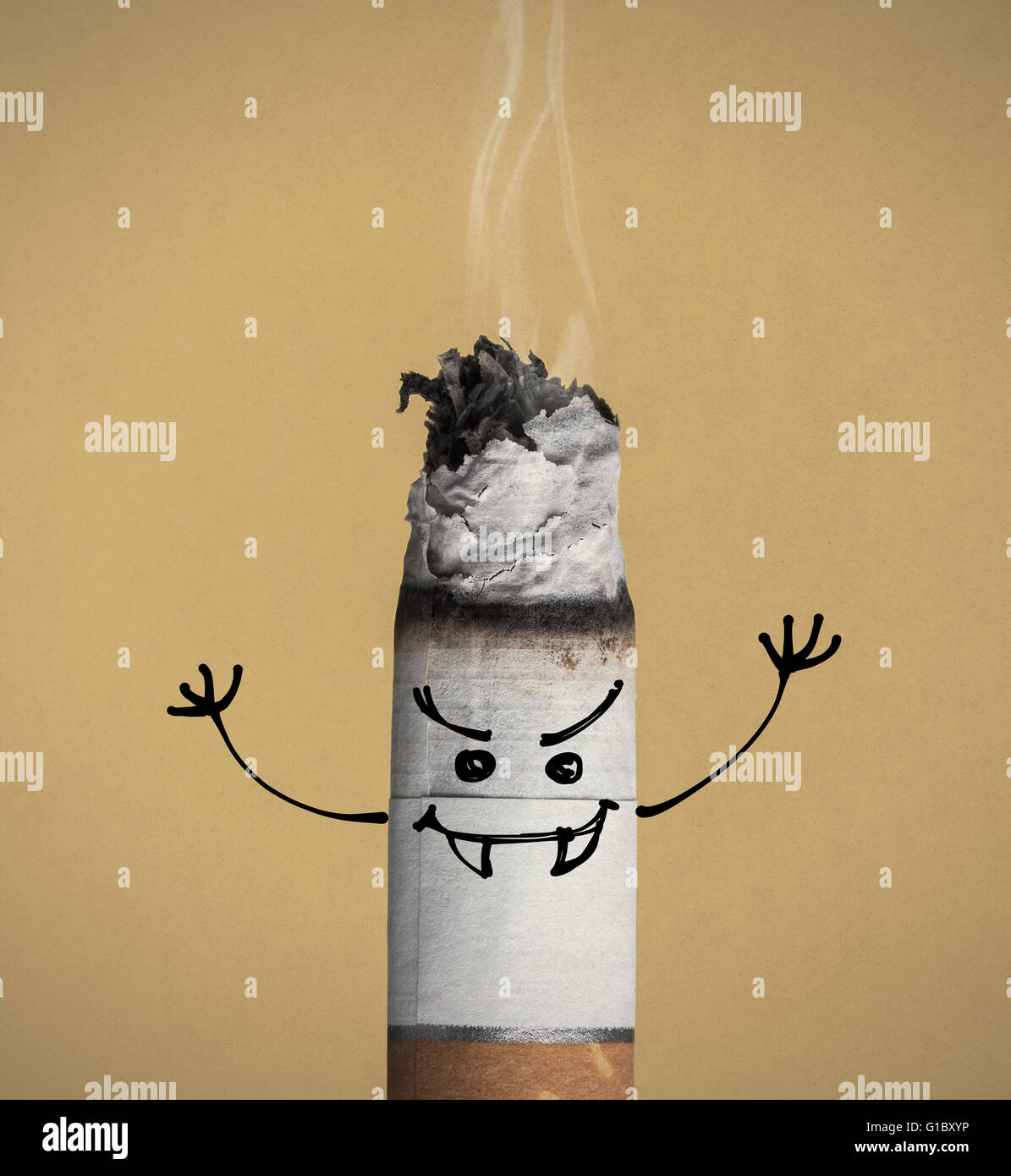 Cigarette burning and evil aggressive funny character with fangs, quit ...