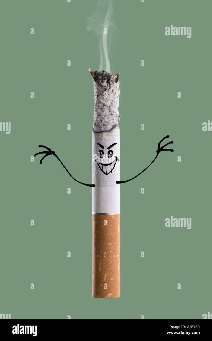 Evil aggressive character on a burning cigarette, quit smoking and ...