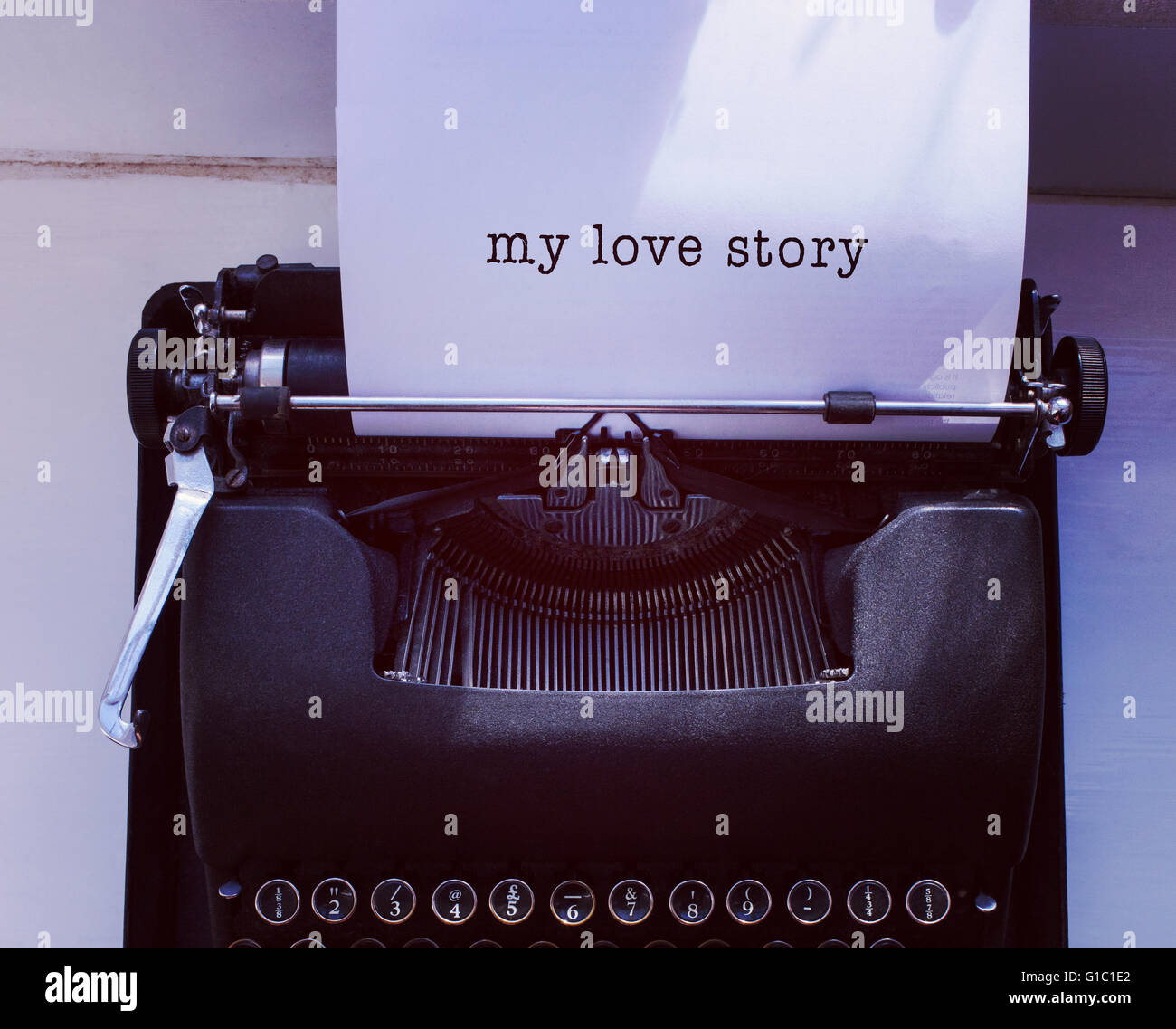 Composite image of my love story message on a white background Stock ...