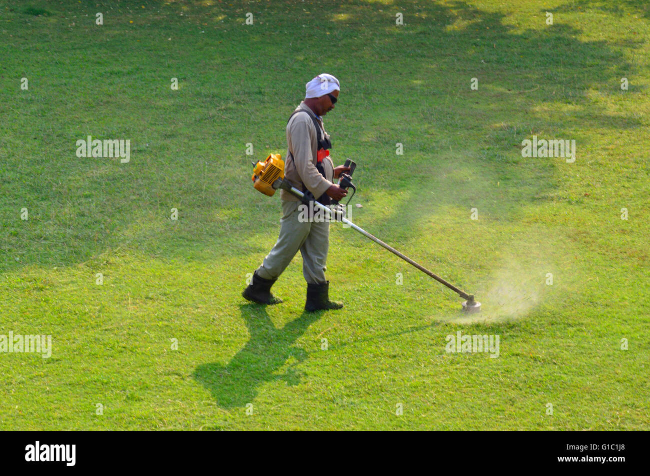 Man mowing lawn at Western Group temple complex, Khajuraho, Madhya ...
