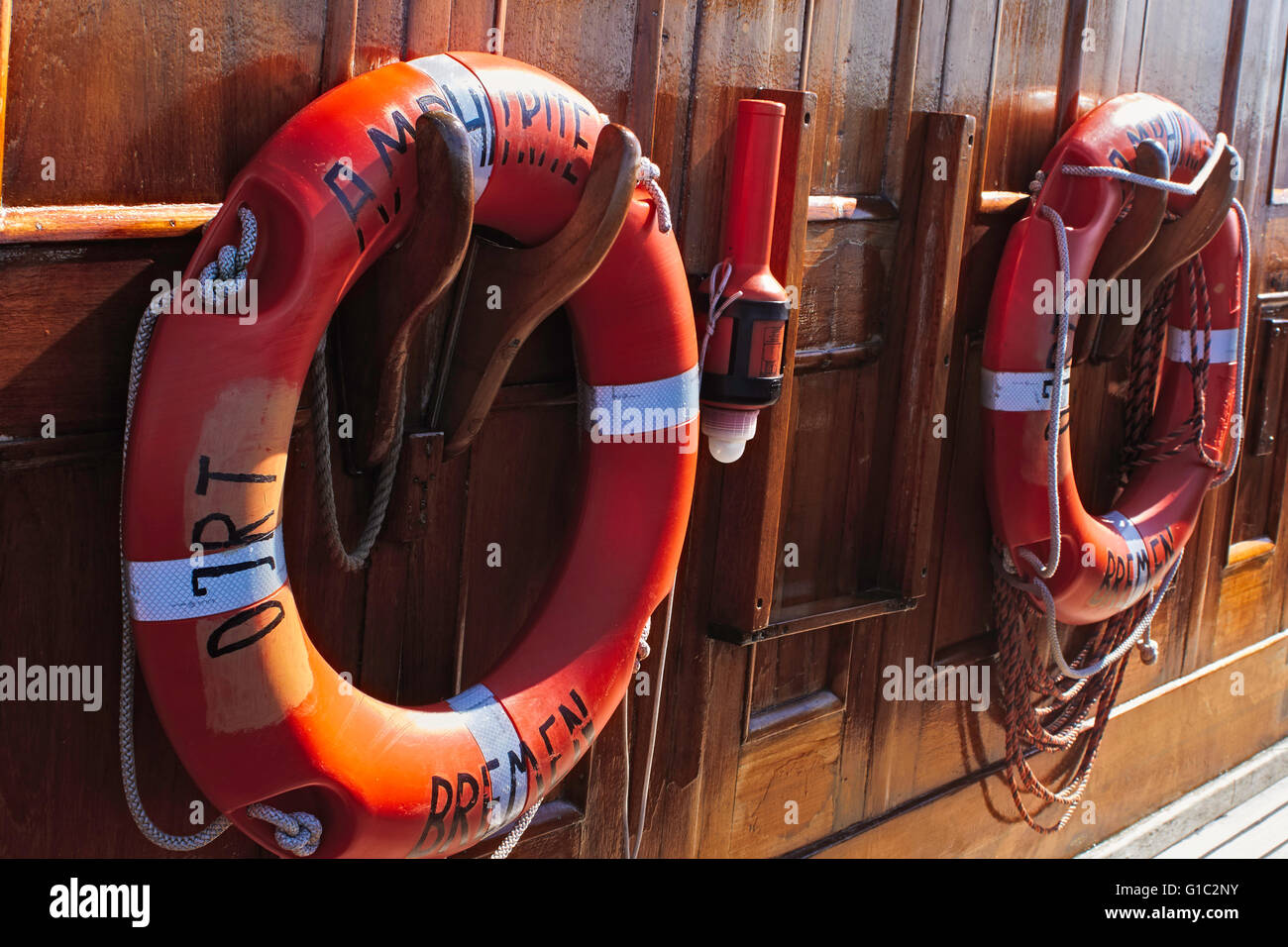 life rings on board of the sailing vessel Amphitrite Stock Photo - Alamy