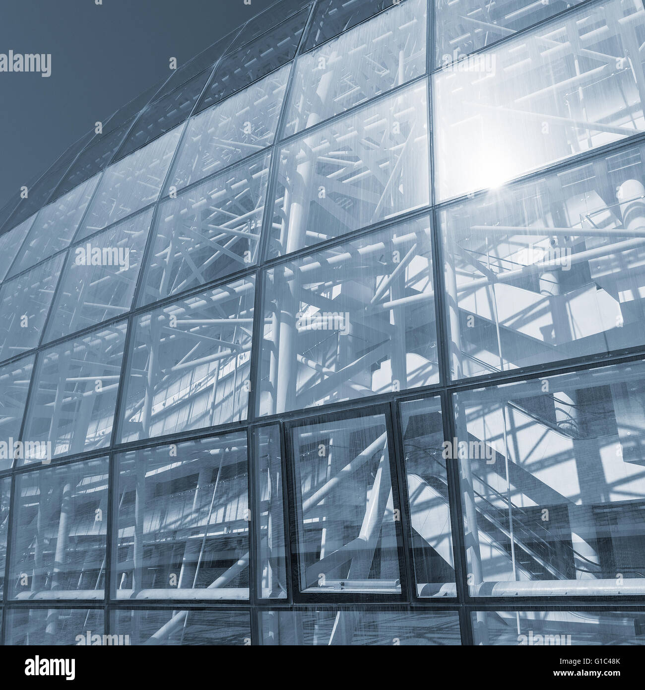 Glass wall of the modern building with metal constructions inside Stock ...