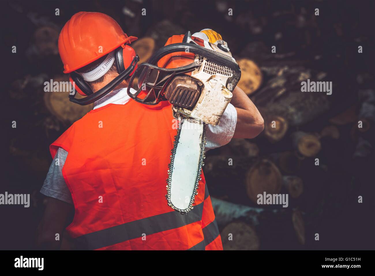 Hard Worker with Wood Cutter. Labor Concept Photo. Lumber Industry ...