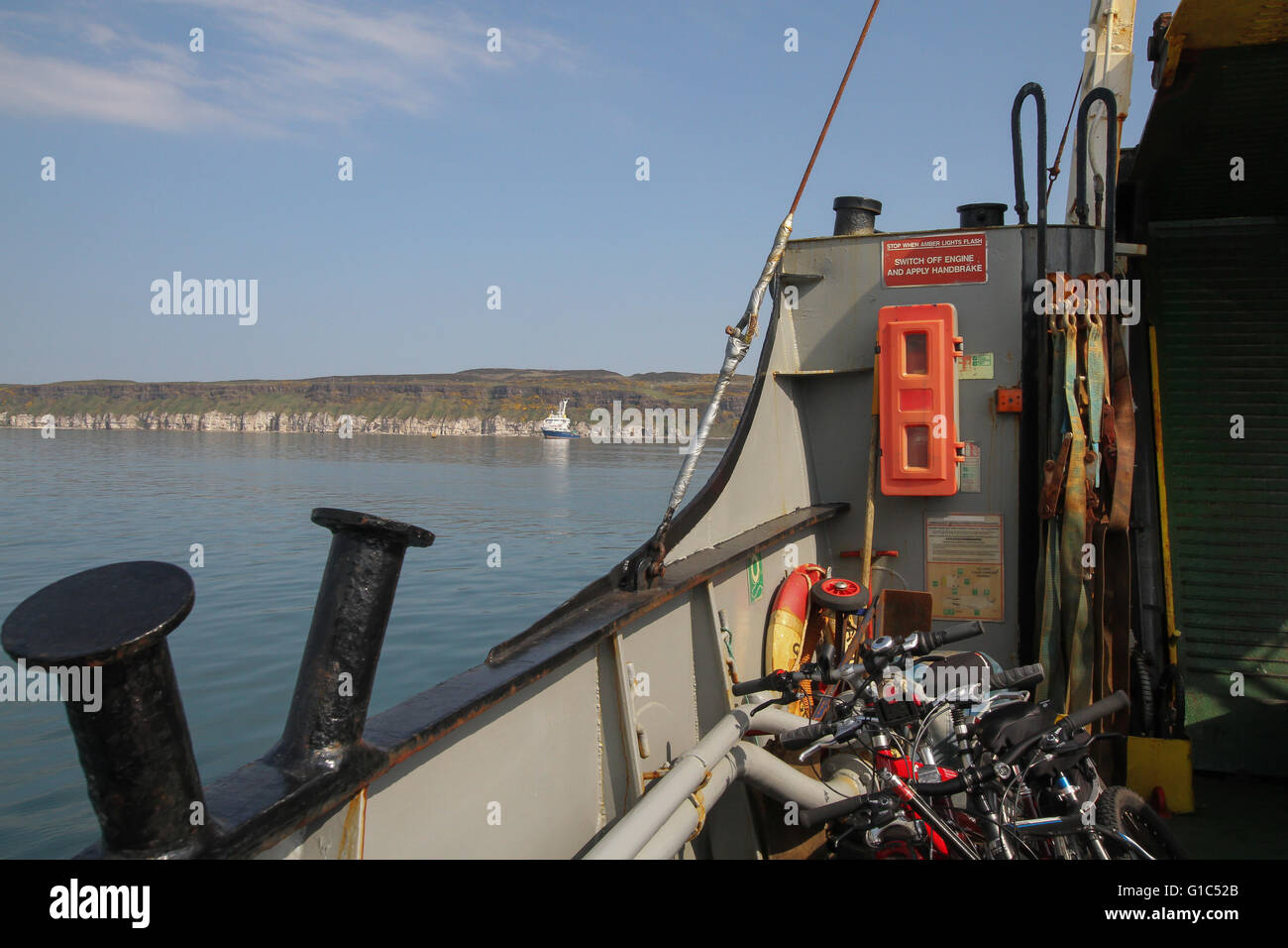 Rathlin Ferry coming into the harbour at Church Bay on Rathlin Island ...