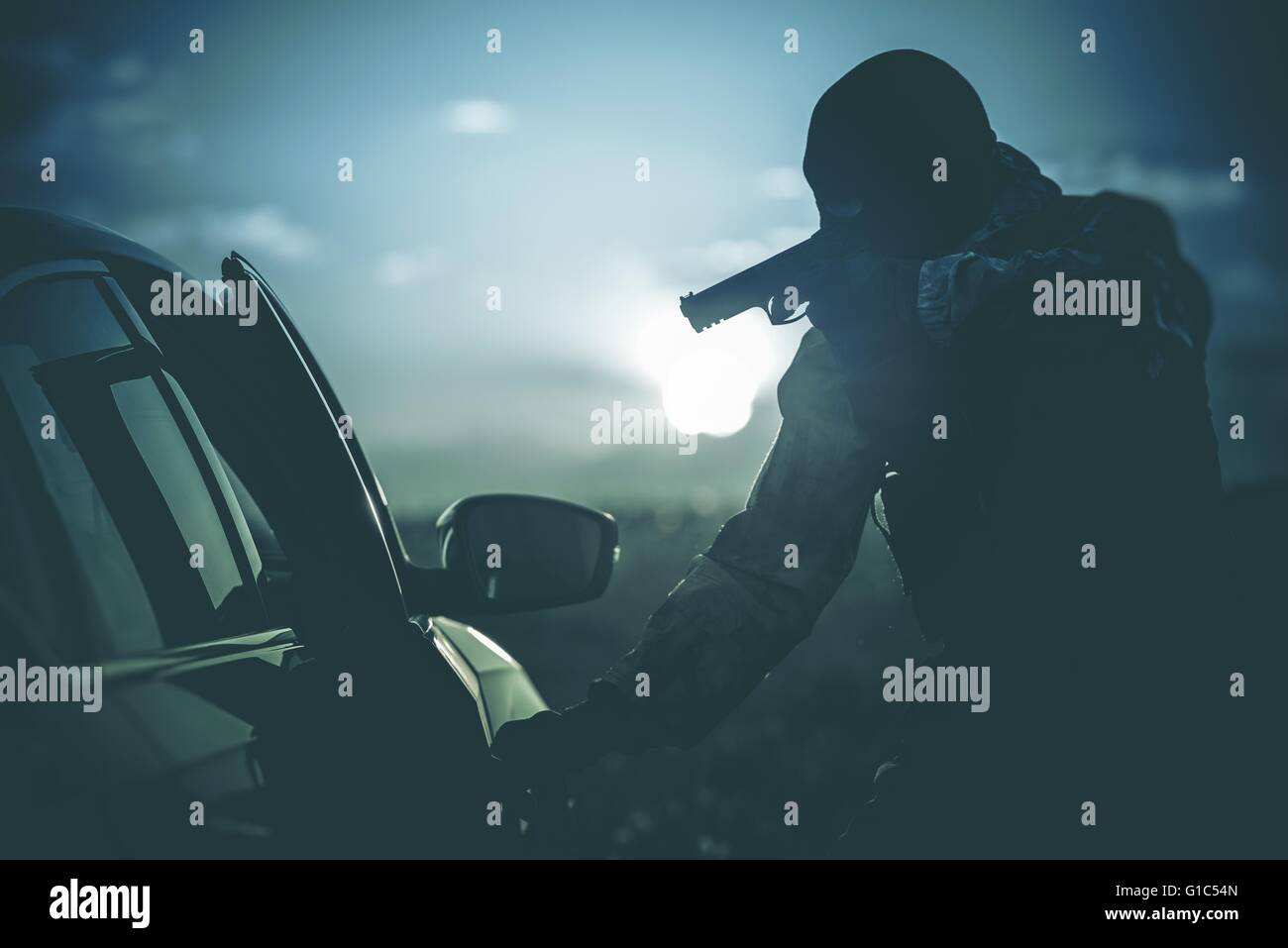 Vehicles Check Point Made by Police. Policeman in a Mask Points Gun at ...