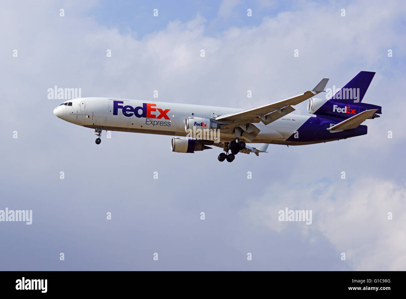 Commercial FedEx cargo jumbo jet airplane landing at Ontario ...