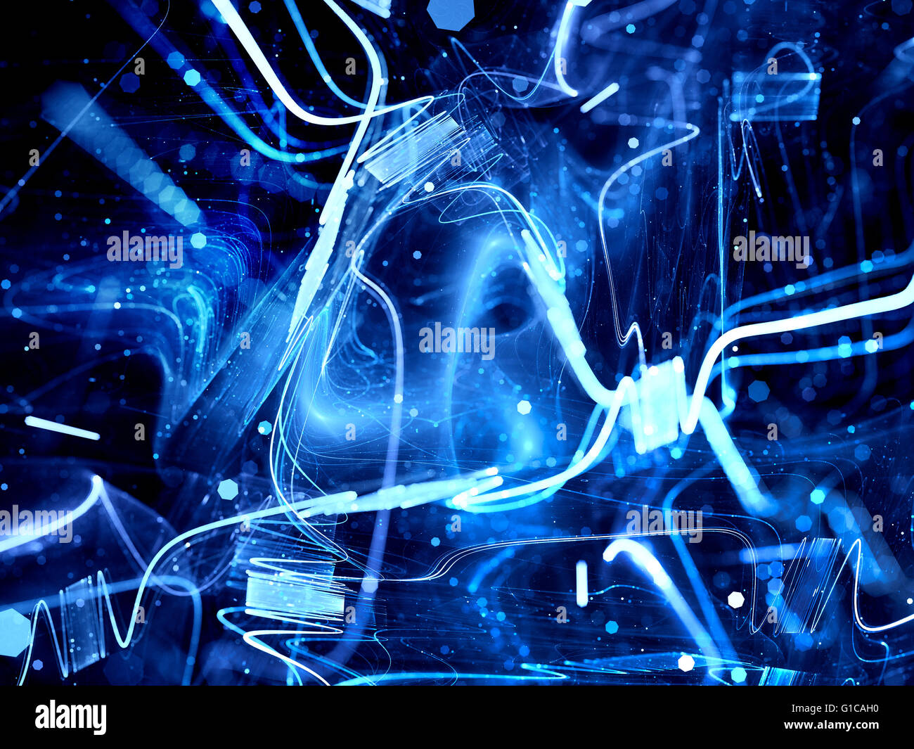 Blue glowing neon springs in space, new technology, computer generated ...