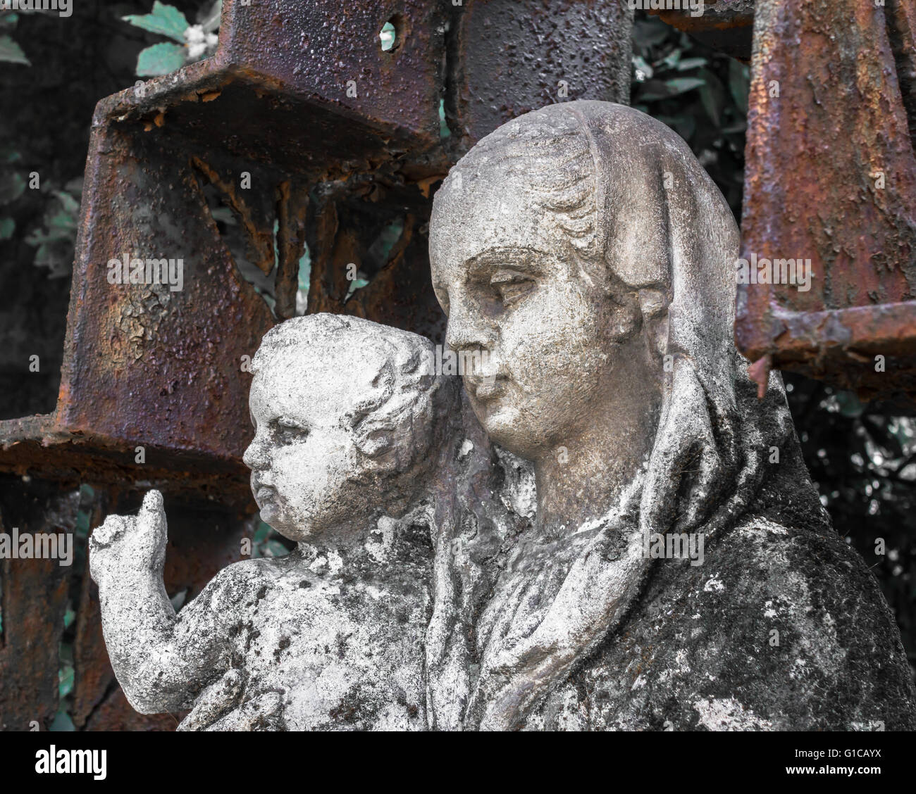 Mother Mary and Jesus in an Italian Graveyard; the sculpture is ...