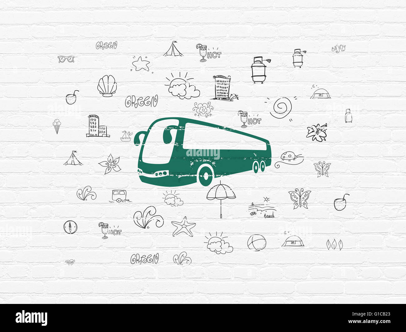 Vacation concept: Bus on wall background Stock Photo - Alamy
