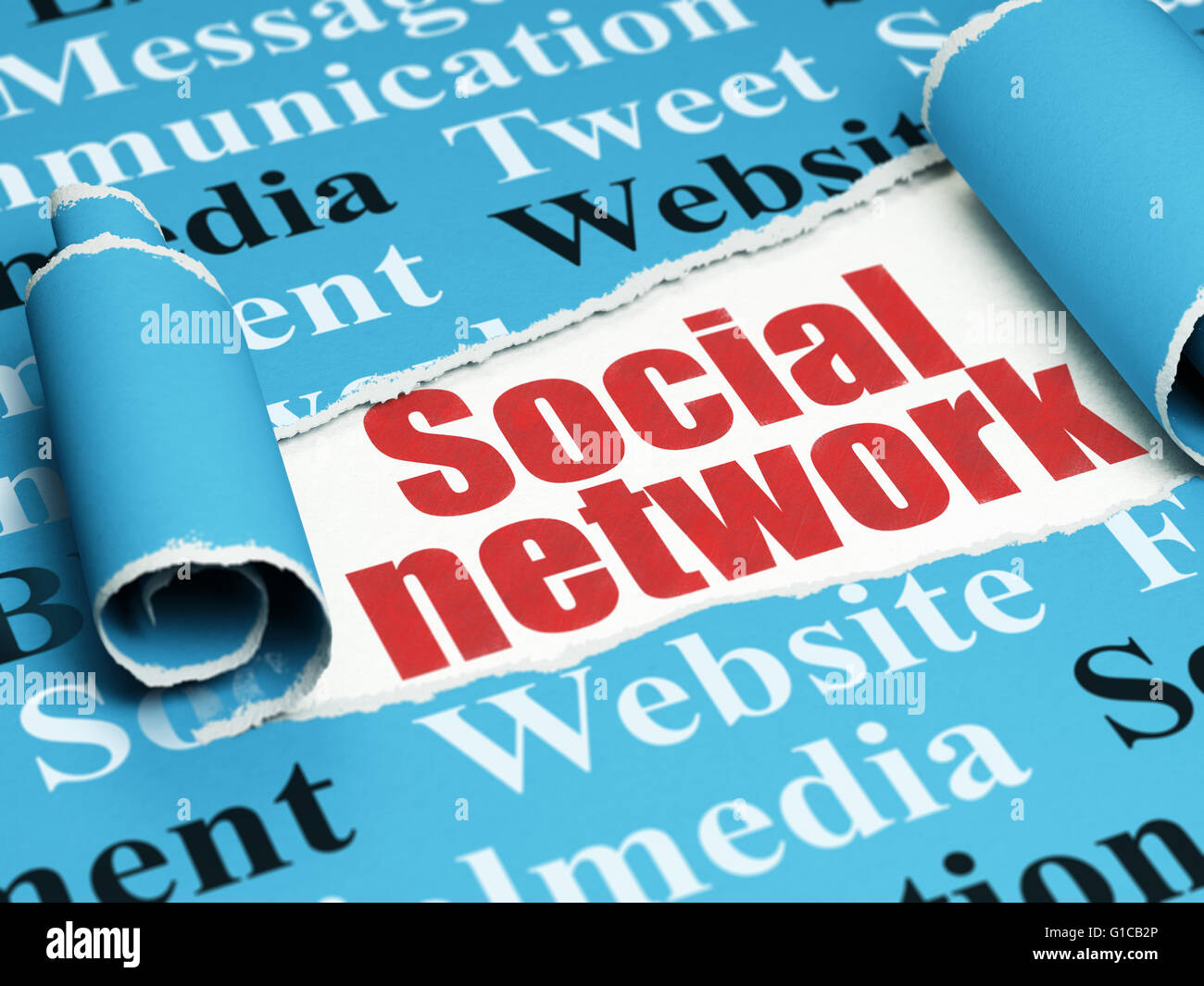 Social network concept: red text Social Network under the piece of torn ...