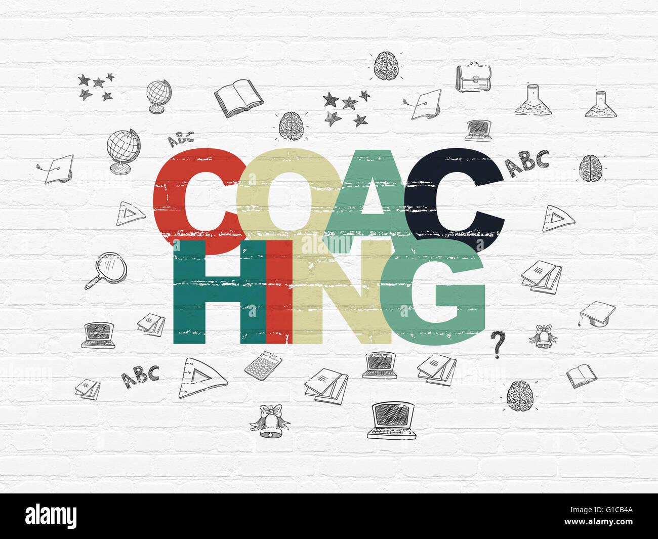 Studying concept: Coaching on wall background Stock Photo - Alamy