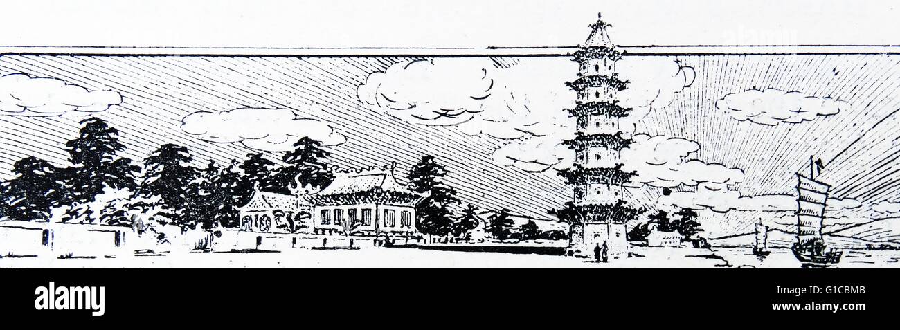 Idealised illustration depicting Chinese pagoda and Junk (ship) 1900 ...
