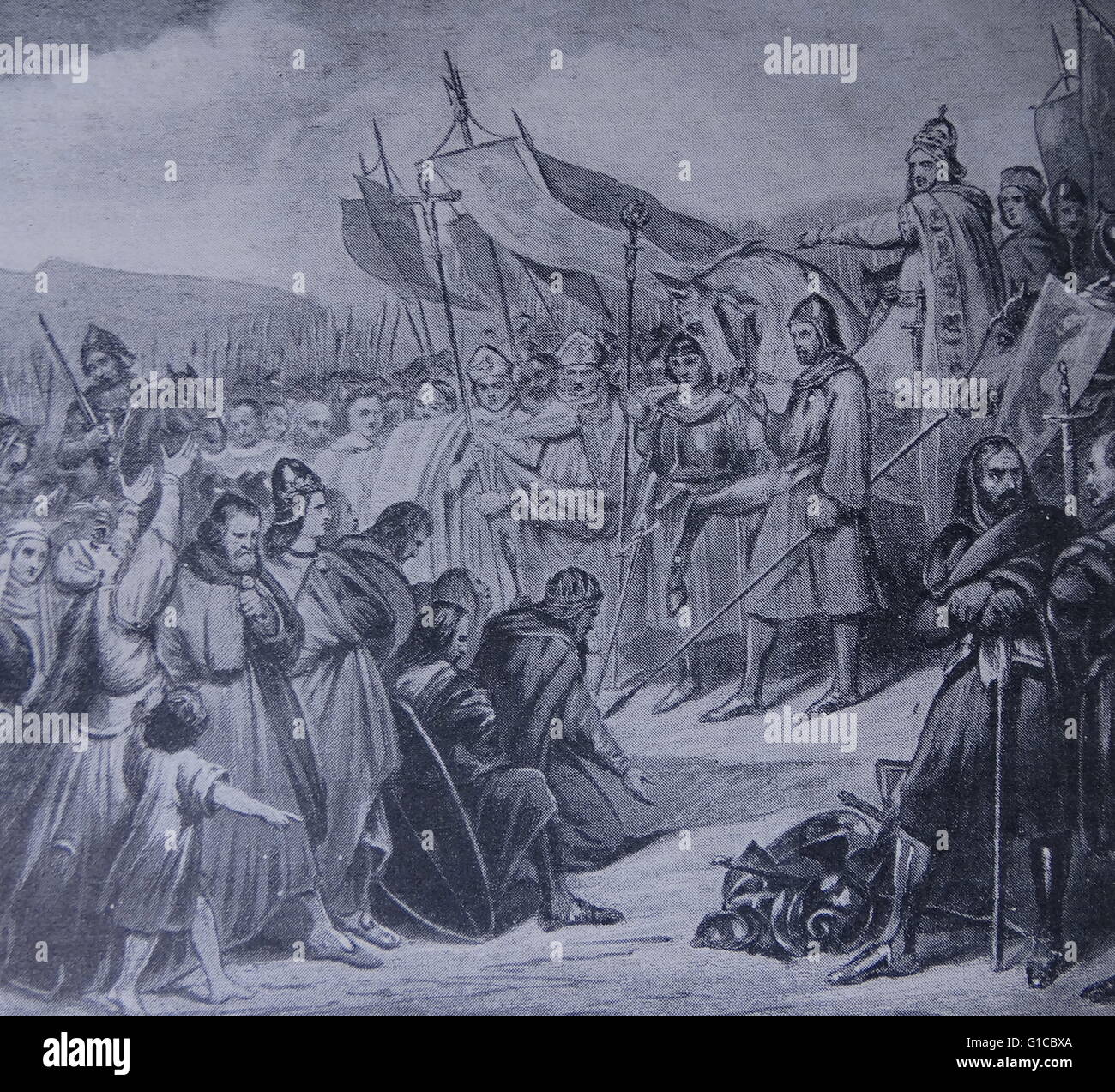Engraving depicting King Charlemagne, King of the Franks, receiving the ...