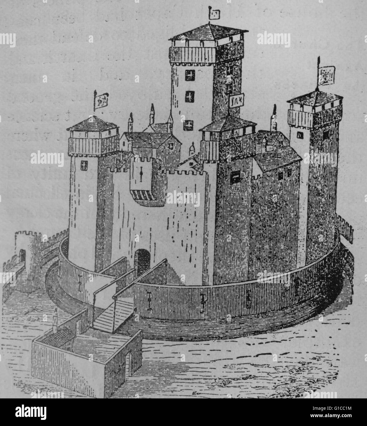 Engraving depicting a typical feudal castle of France Stock Photo - Alamy