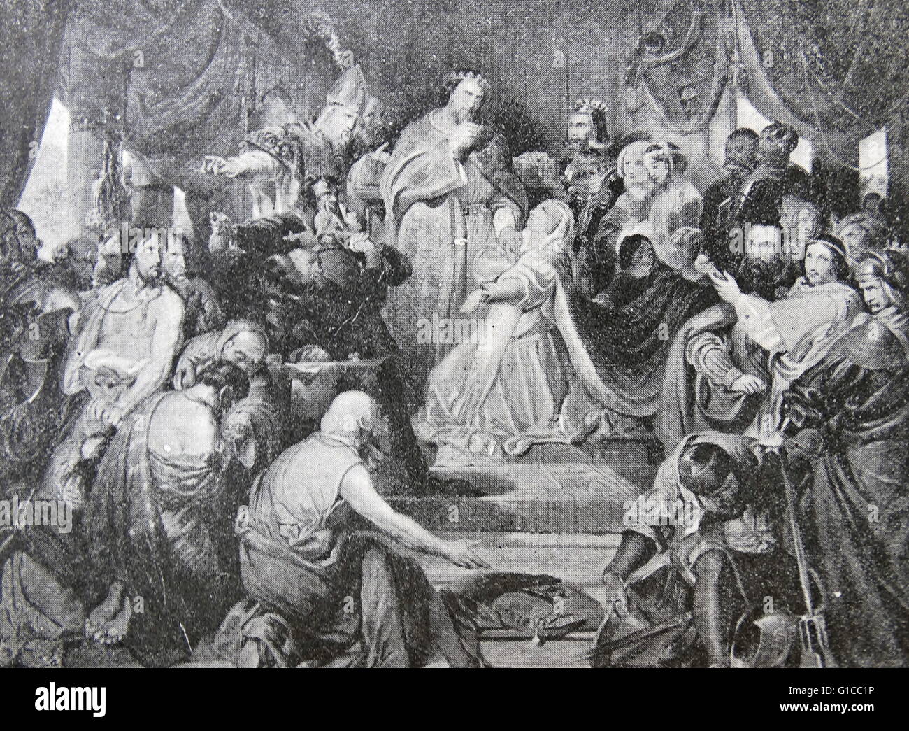 Engraving depicting the Queen Philippa of Hainault (1314-1369) pleading ...